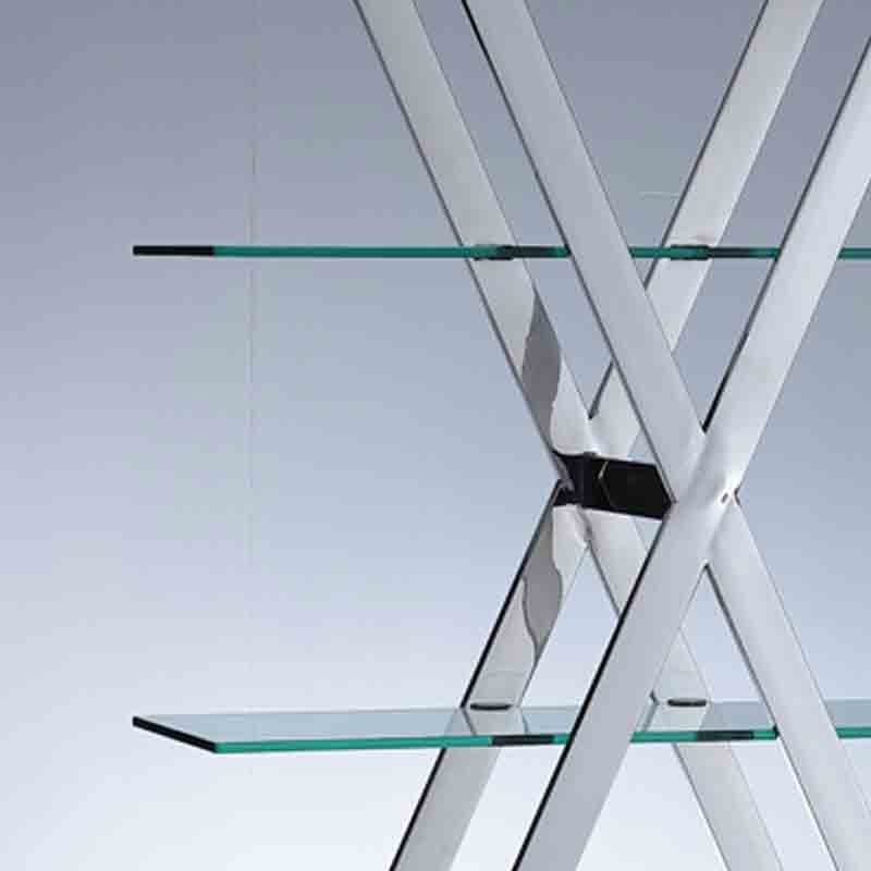 Étagère géométrique en X inox verre transparent EKIS design Industriel